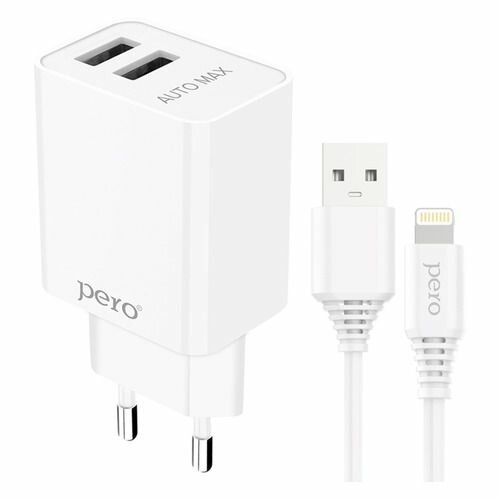 Сетевое зарядное устройство PERO TC02, 2xUSB, 8-pin Lightning (Apple), 10.5Вт, 2.1A, белый [тс02w2al]