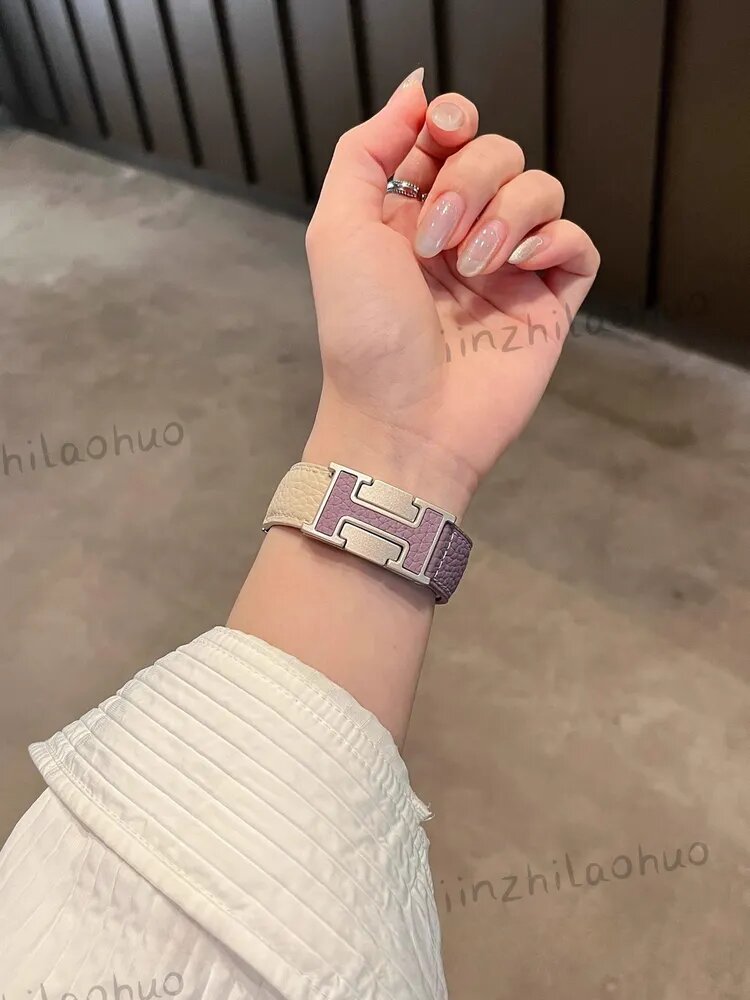 Ремешок для смарт-часов Samsung Galaxy Watch 7 / 6 / 6 Classic 40-47 mm, кожаный, светло-фиолетовый с бежевым — фото 1