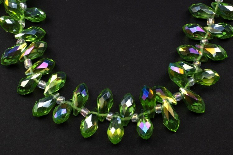 Бусина стеклянная граненая Капля 12х6мм, цвет зеленый, прозрачная, гальваническое покрытие, 503-061, 5шт