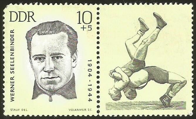 Почтовая марка ГДР. Серия Убитые спортсмены-антифашисты. "Вернер Зеленбиндер" 1963 г. в. Номинал 10+5 пфеннигов.