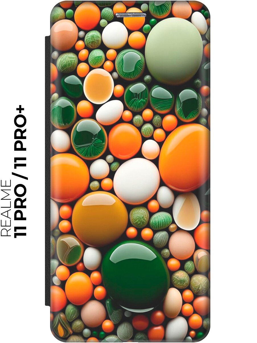 Чехол-книжка на Realme 11 Pro / 11 Pro+ / Рилми 11 Про / 11 Про + с рисунком "Оранжевые и зеленые камушки" черный