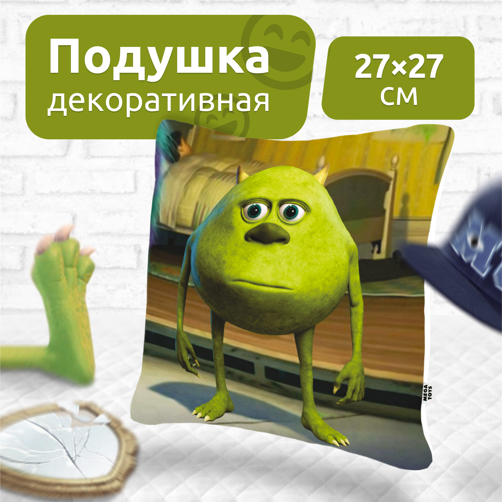 Подушка декоративная для дома с рисунком MEGA TOYS в подарок с принтом мема Майк Вазовски с лицом Салли 27x27 см