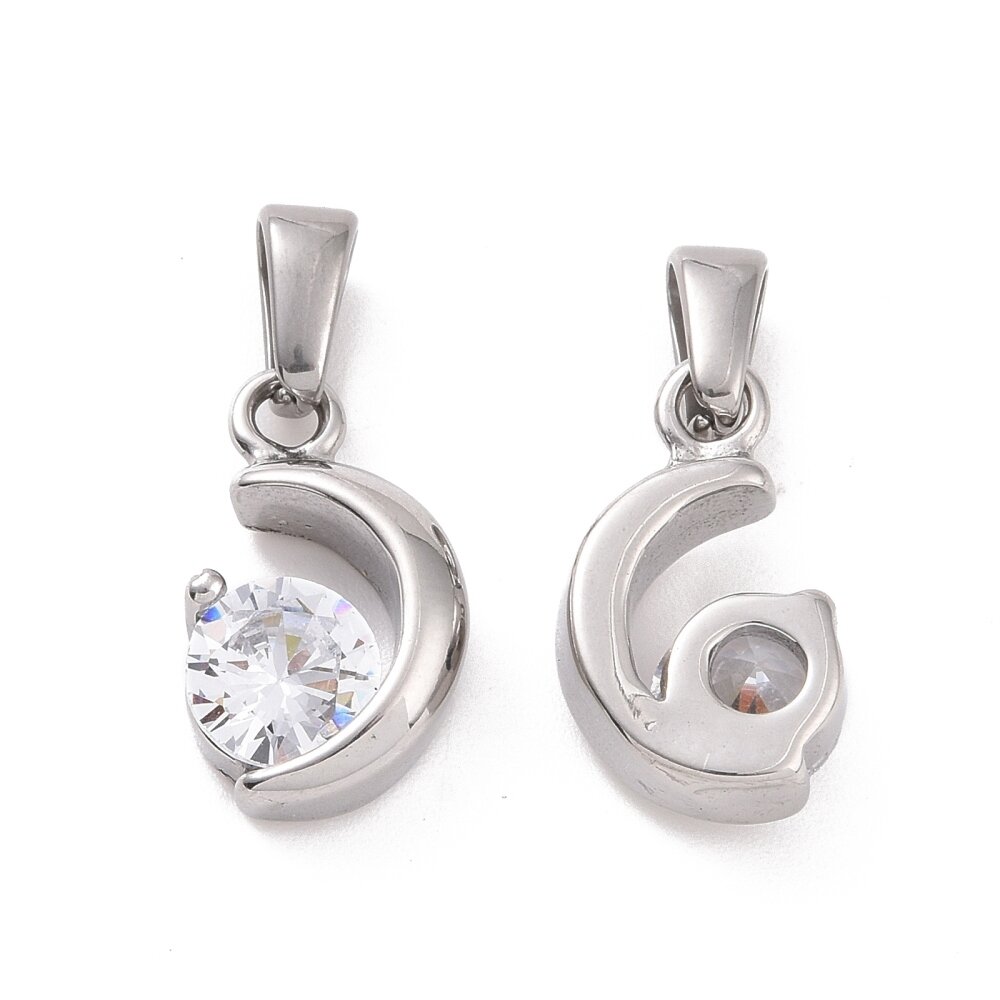 Подвеска, 15х9х5мм, месяц с фианитом, с держателем, базовый материал - нержавеющая сталь, без покрытия, 1 шт.