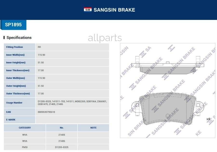 SANGSIN BRAKE SP1895 Колодки тормозные