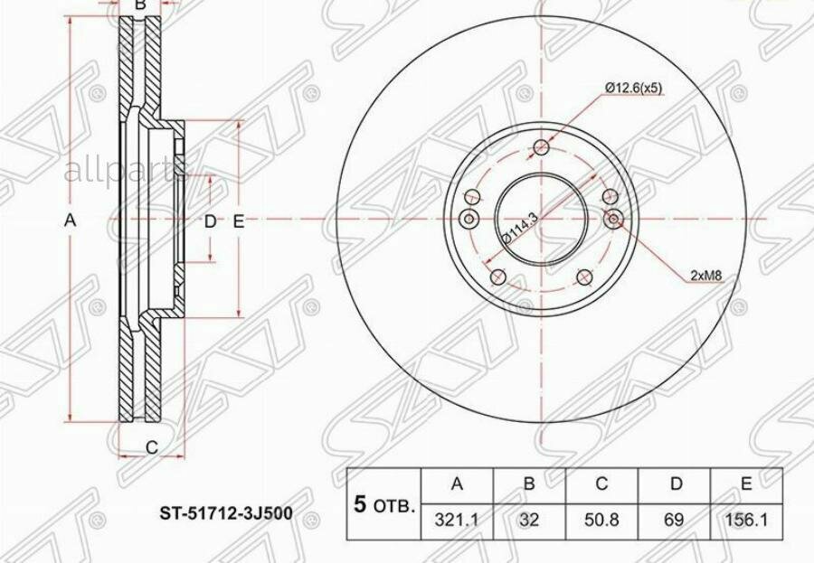SAT ST-51712-3J500 Диск тормозной (Перед) Hyundai ix55 06-13 / Veracruz 06-15
