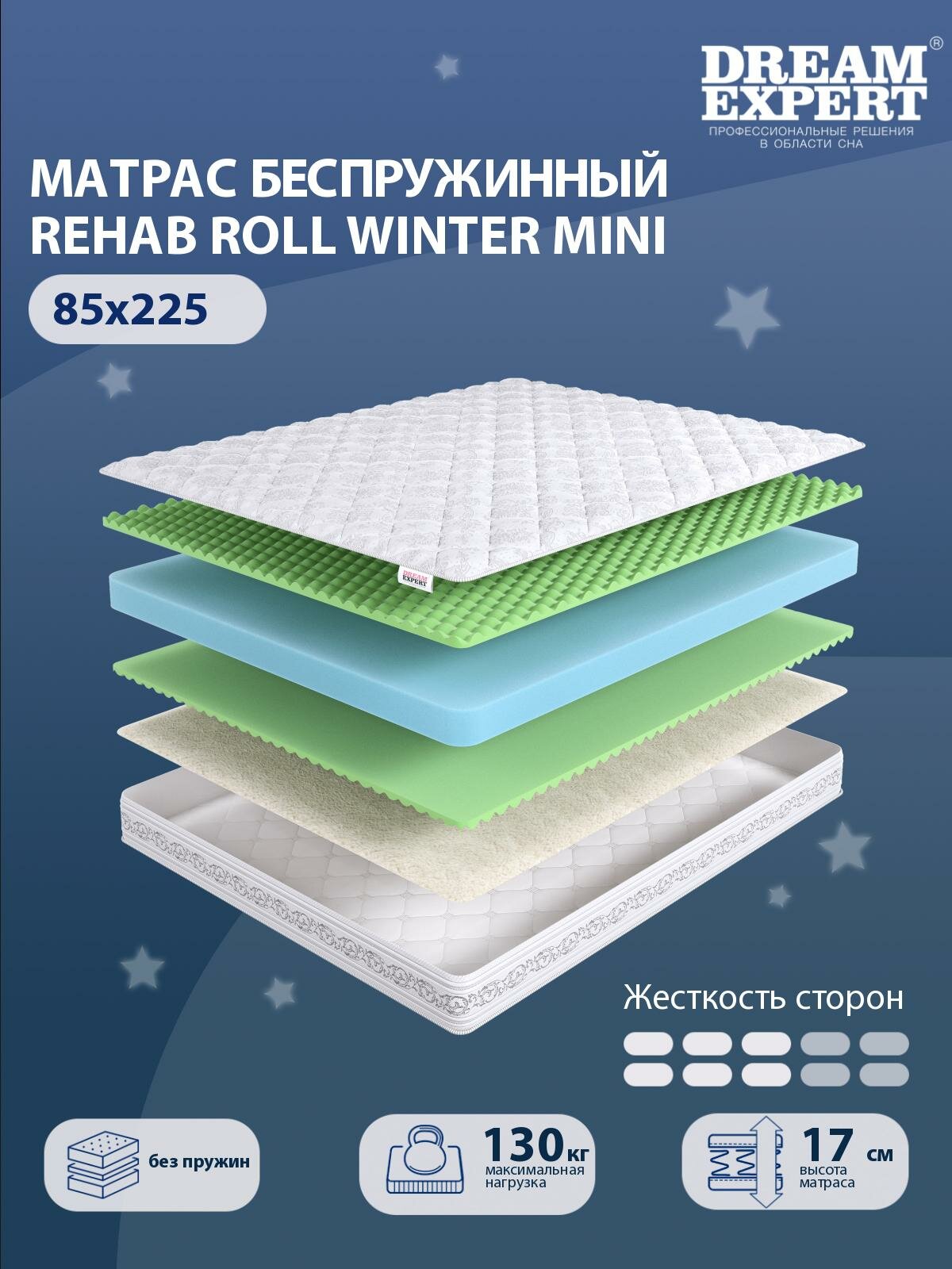 Матрас, Ортопедический матрас DreamExpert Rehab Roll Winter mini средней жесткости, односпальный, беспружинный, на кровать 85x225