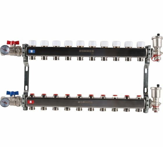 Коллектор из нержавеющей стали в сборе без расходомеров ROMMER 10 выходов RMS-3210-000010
