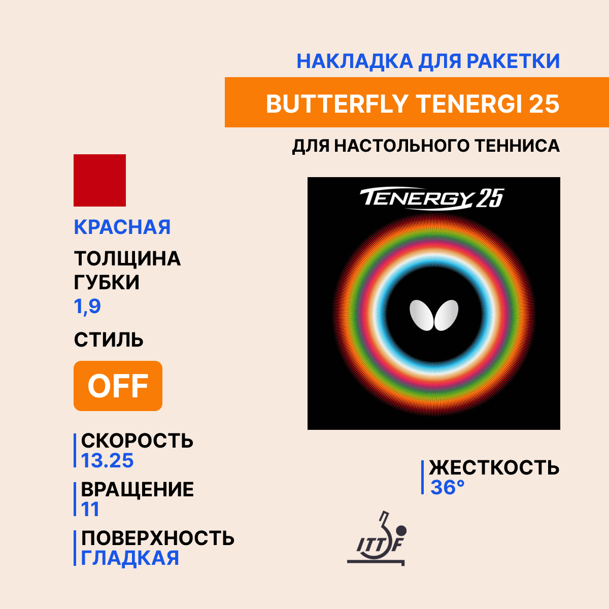 Накладка для ракетки Butterfly Tenergy 25 (цвет красный, толщина 1.7)