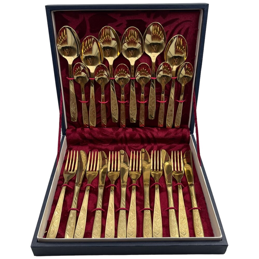 Набор столовый (24 предмета), нержавеющая сталь, позолота, 1970-1980 гг, СССР