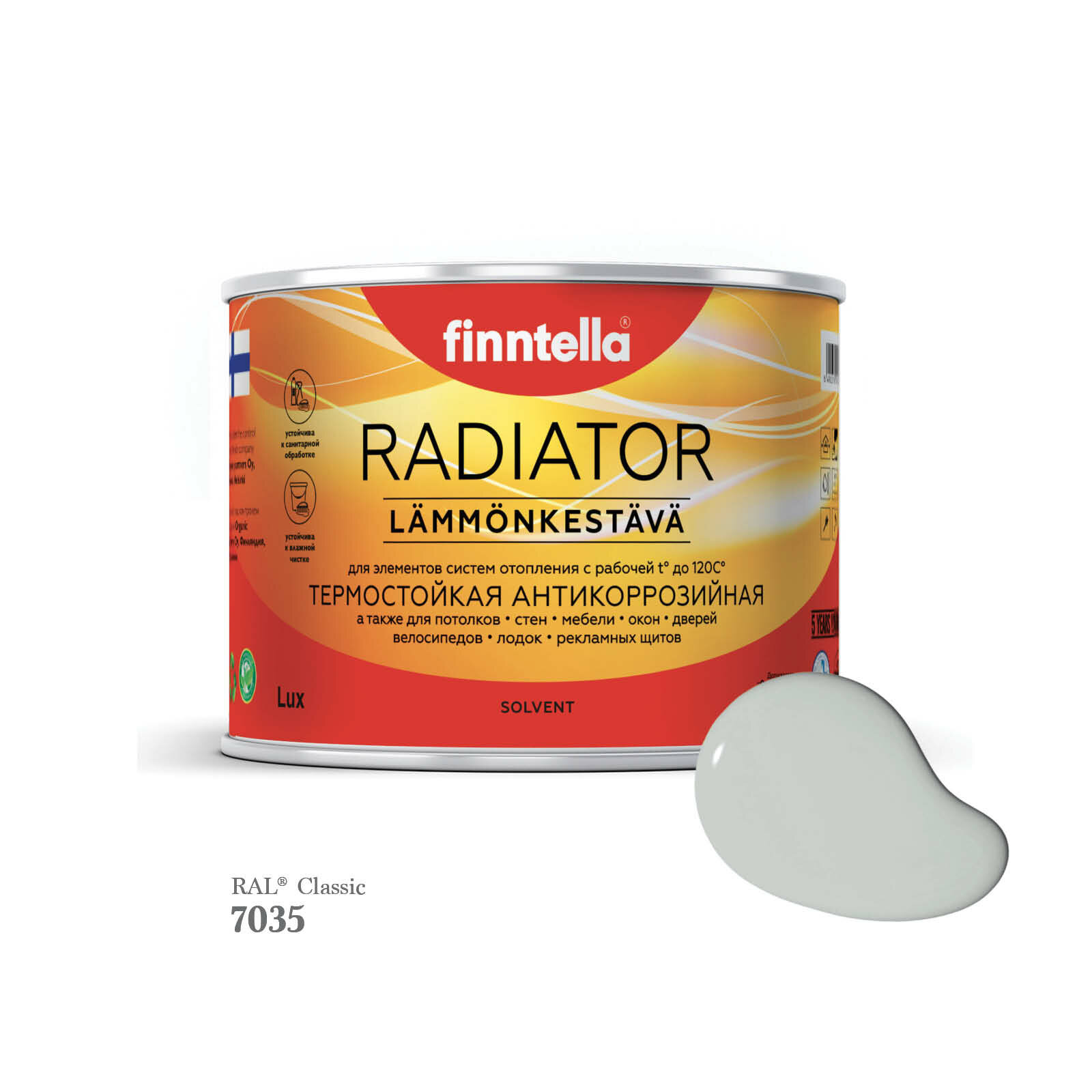 Краска для радиаторов быстросохнущая финская эмаль FINNTELLA RADIATOR, цвет RAL7035 , 0,45л