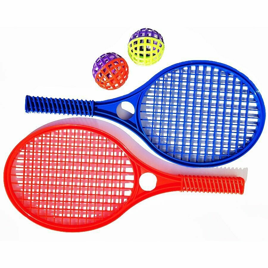 Набор пляжный, для подвижных игр, 2 ракетки и 2 жёстких мяча - в сетке, цвет красно-синий