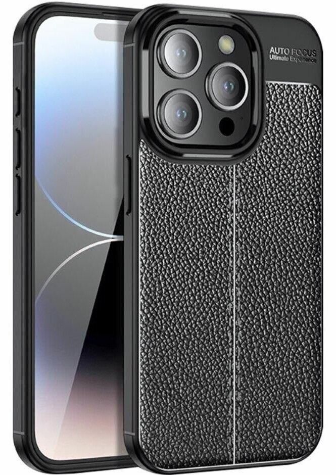 Чехол на iPhone 14 Pro силиконовый под кожу черный противоударный