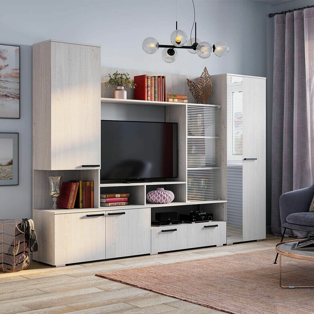 Гостиная BTS "Денди", Ясень белый, 260 x 194,2 см, стекло, ЛДСП