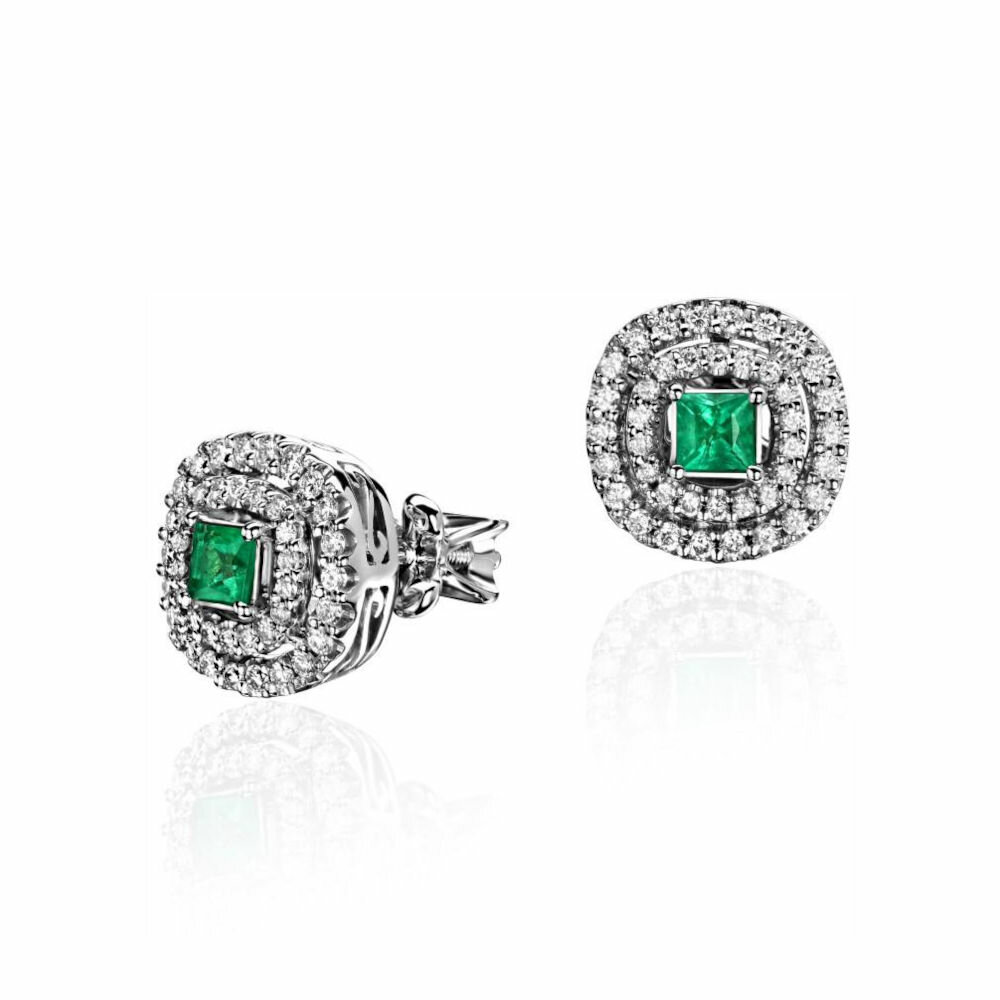 Серьги пусеты, белое золото, 585 проба, бриллиант, изумруд