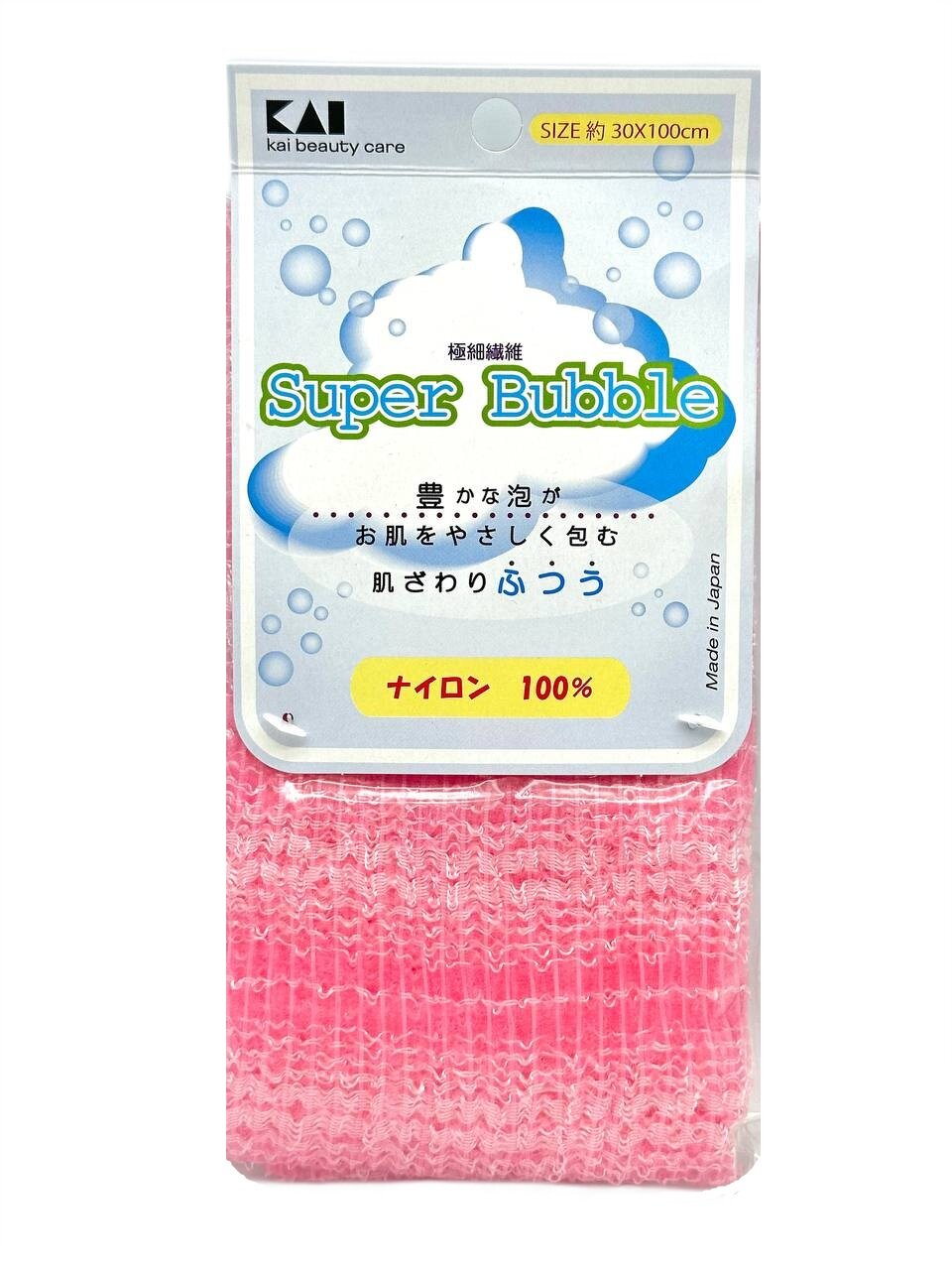 KAI Мочалка для тела Supper Bubble средней жесткости, нейлон, розовая, в форме шарфа 30*100см