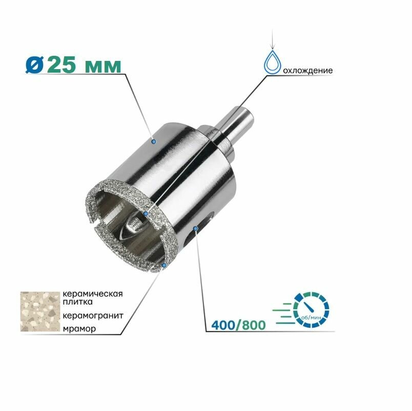 Алмазная коронка по стеклу, кафелю и керамике с центрирующим сверлом 25 мм