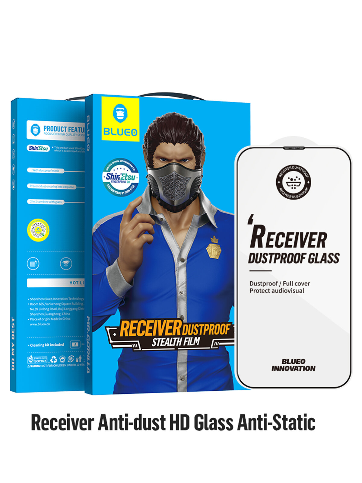 BlueO стекло для iPhone 13/13 Pro/14, Large arc Dustproof Black (3D-эфф. с защ. сеткой)