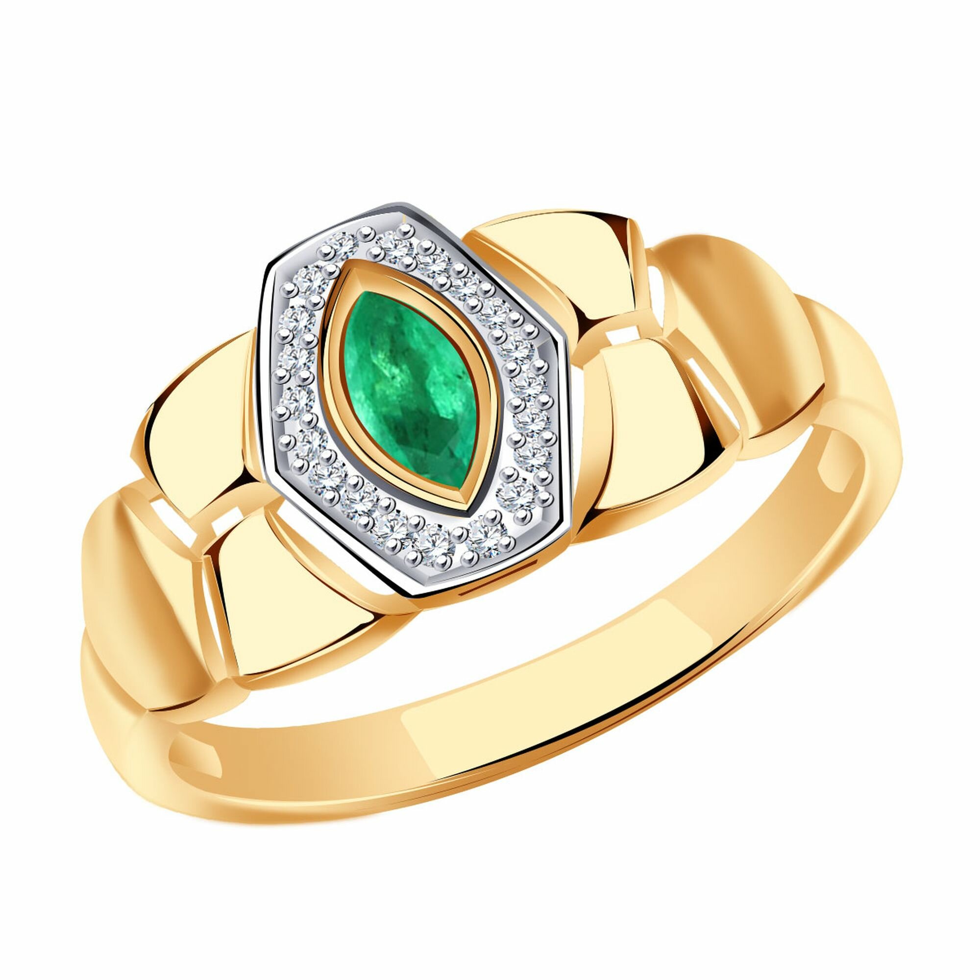 Кольцо, красное золото, 585 проба, изумруд, бриллиант