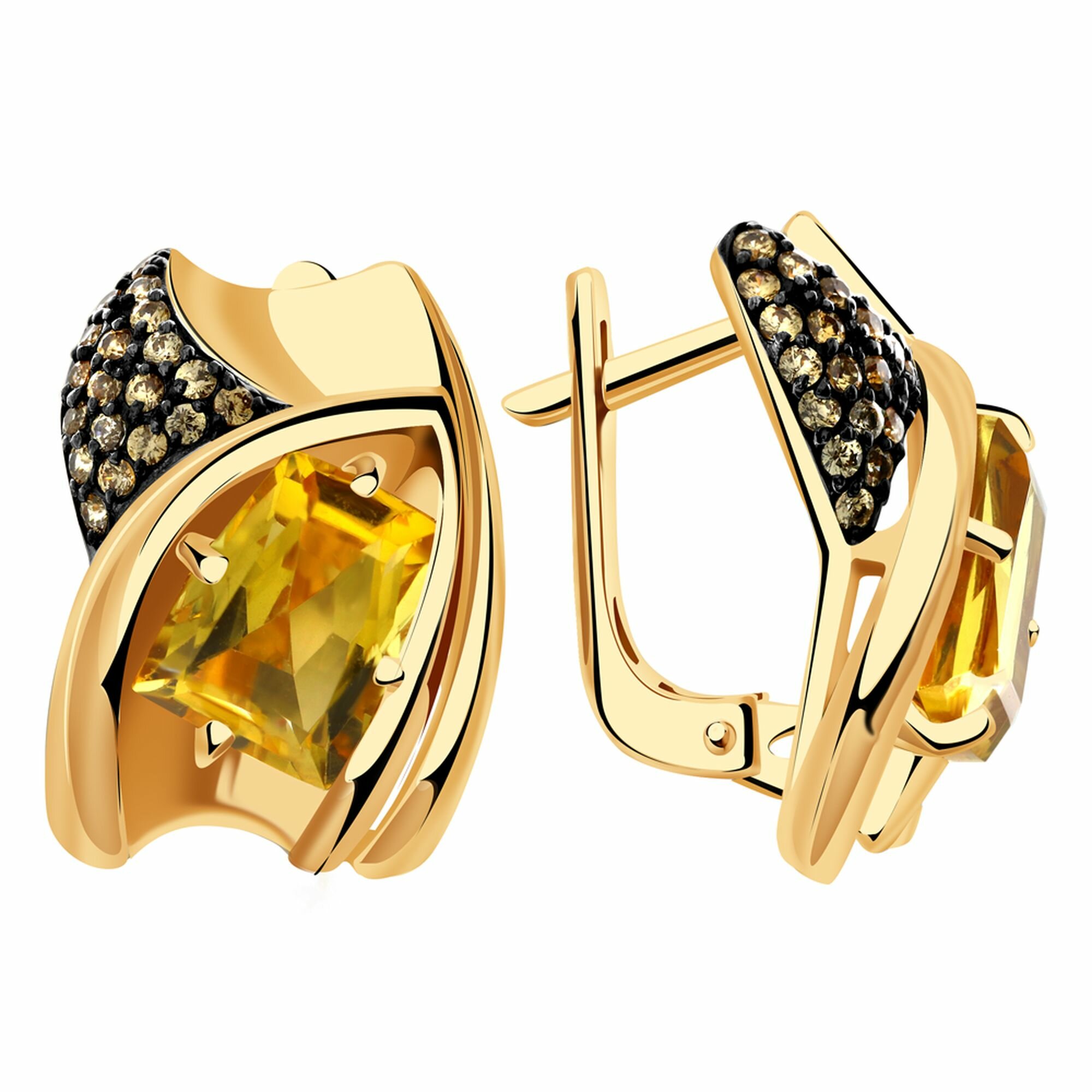 Серьги, красное золото, 585 проба, фианит, цитрин
