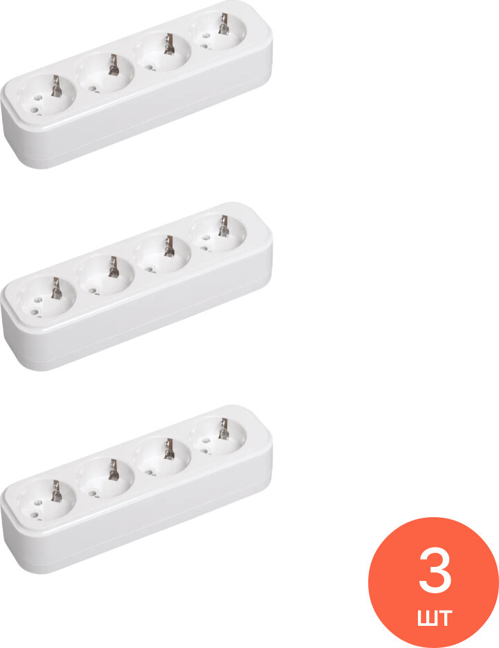 Блок розеток IEK / ИЭК Classic К04 2Р+РЕ, 4 гнезда 16А 3.5кВт 250В с заземляющими контактами, белый KYP11-16-04-00-Z / колодка электрическая для удлинителя (комплект из 3 шт)