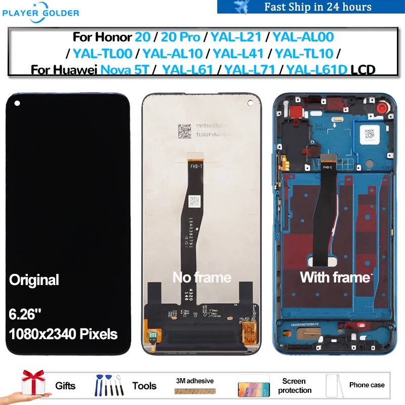 Оригинальный для Honor 20 20 Pro, для Huawei Nova 5T AL-L21 YAL-AL10 Pantalla, ЖК-дисплей, сенсорная панель, дигитайзер экрана, детали в сборе Black with frame 20