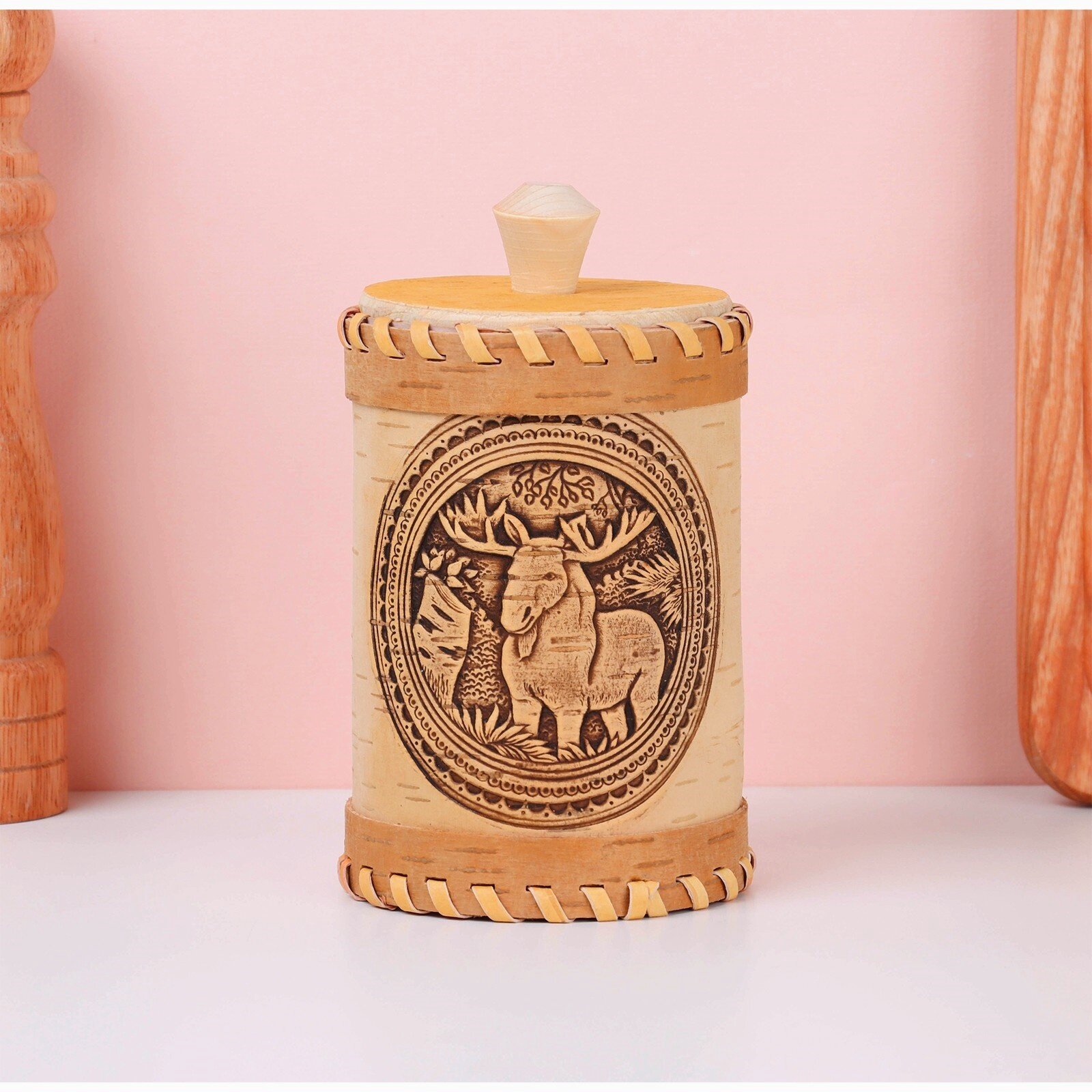 Туес для хранения "Лось", 8 х 8 х 14 см, береста, цвет бежевый