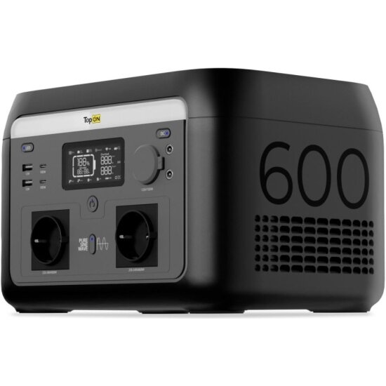 Портативная зарядная станция Topon TOP-H600, 2 розетки 600W (220-240V PSW), авторозетка и 2 DC 12.6V 126W, черный