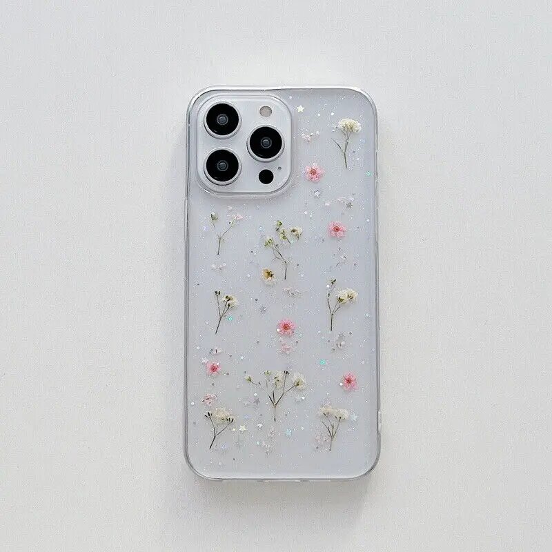 Прозрачный чехол для iPhone 16 Pro с сухими цветами, розовый