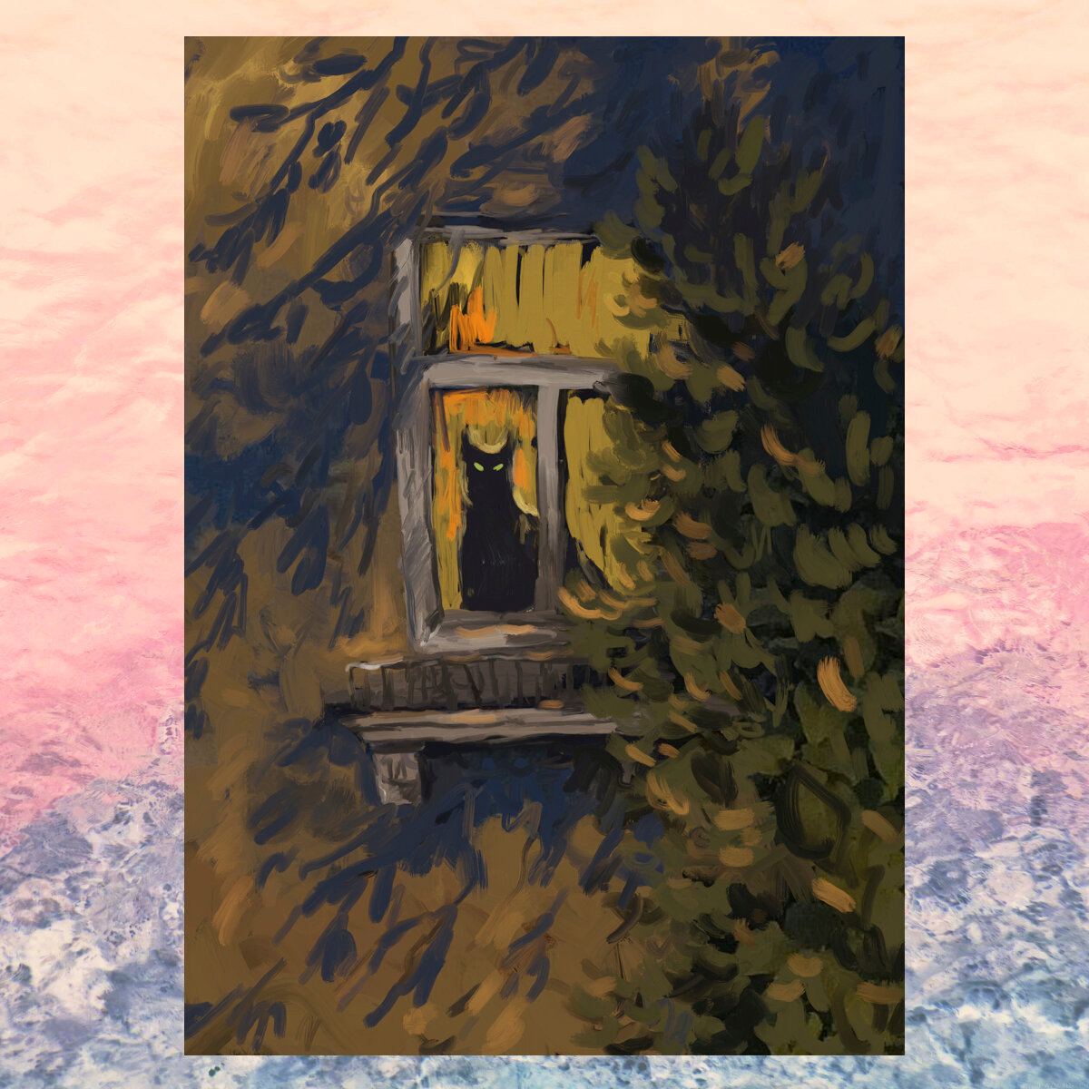 Открытка с котом в окне Открытка поздравительная с конвертом с Днем рождения и на Хэллоуин