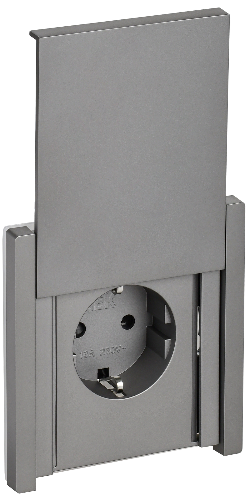 Розетка силовая штепсельная IEK / ИЭК FORTE&PIANO FP521, одноместная 16А 250В IP44, сталь, с заземлением, защитными шторками и крышкой, винтовое крепление, FP-R16-16-44-K46