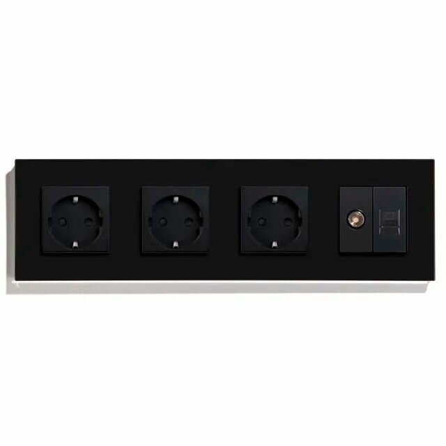 Розетка 4 поста с интернет/тв, CAT5e/TV, рамка 299х86мм стекло, цвет черный
