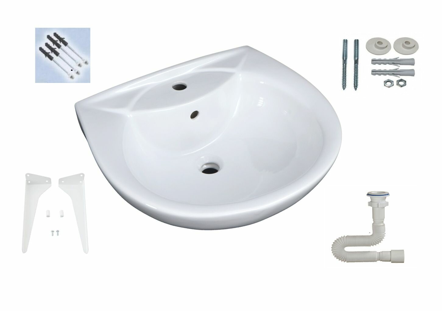 Умывальник Оптима с переливом и отверстием Лобненский стройфарфор с гофрированым сифоном и кронштейнами