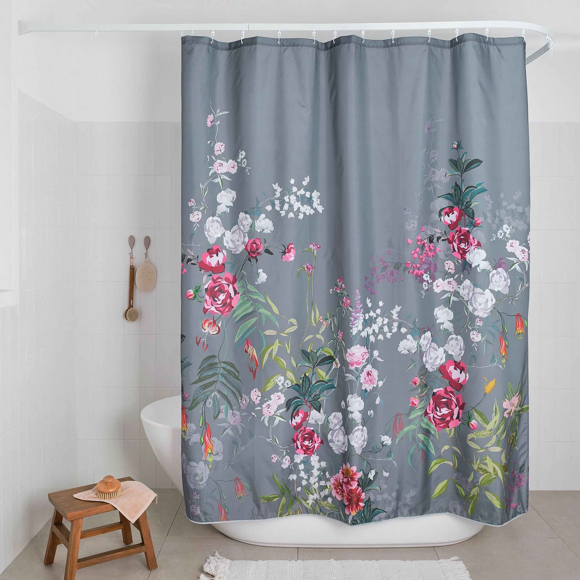 Штора для ванной тканевая Moroshka Fleur серая 180х200 см, / шторка для душа водоотталкивающая