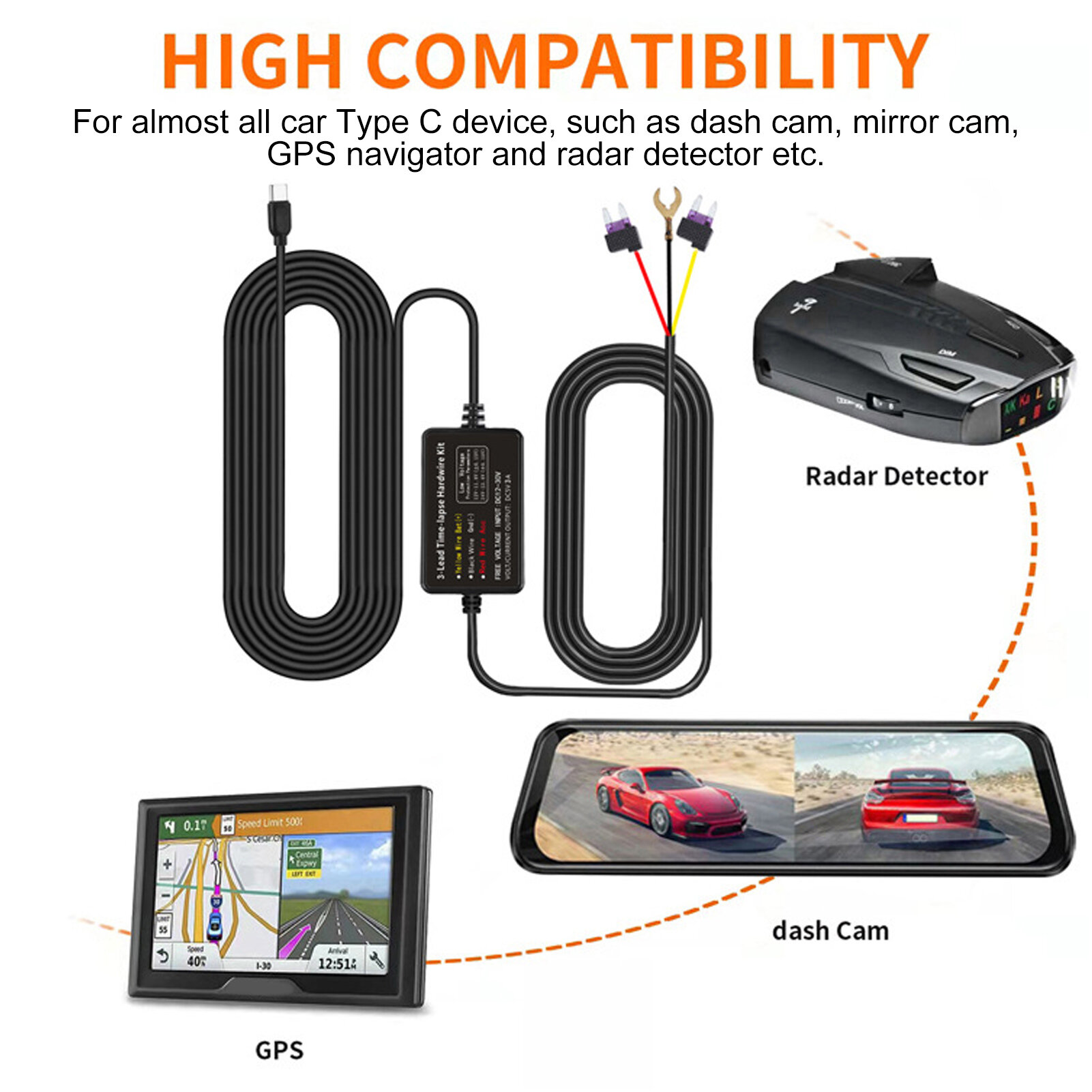 Комплект жестких проводов для видеорегистратора типа C, кабель питания 12 В‑30 В до 5 В для видеорегистратора, блок питания GPS, радар-детекторы и многое другое