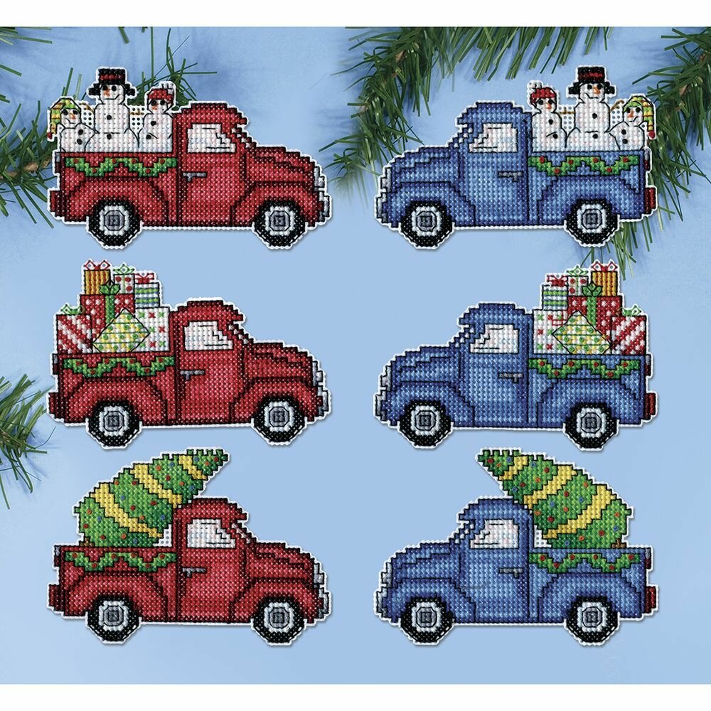 Набор для вышивания DESIGN WORKS "Праздничные пикапы", елочные украшения, 6 дизайнов