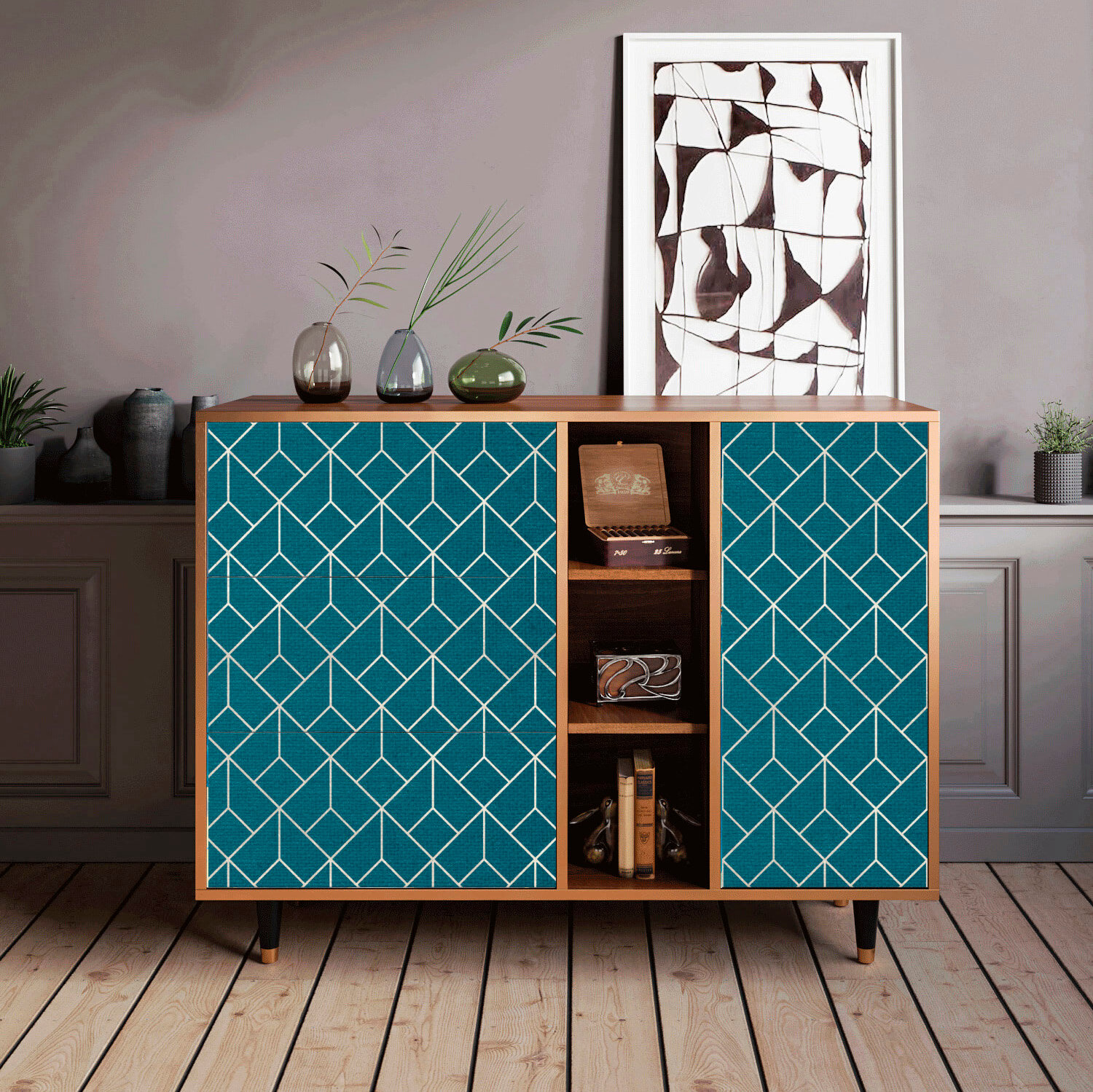 Комод - STORYZ - BS2 Turquoise Geometry, Разер - 125 x 97 x 48 см , Цвет корпуса - Орех