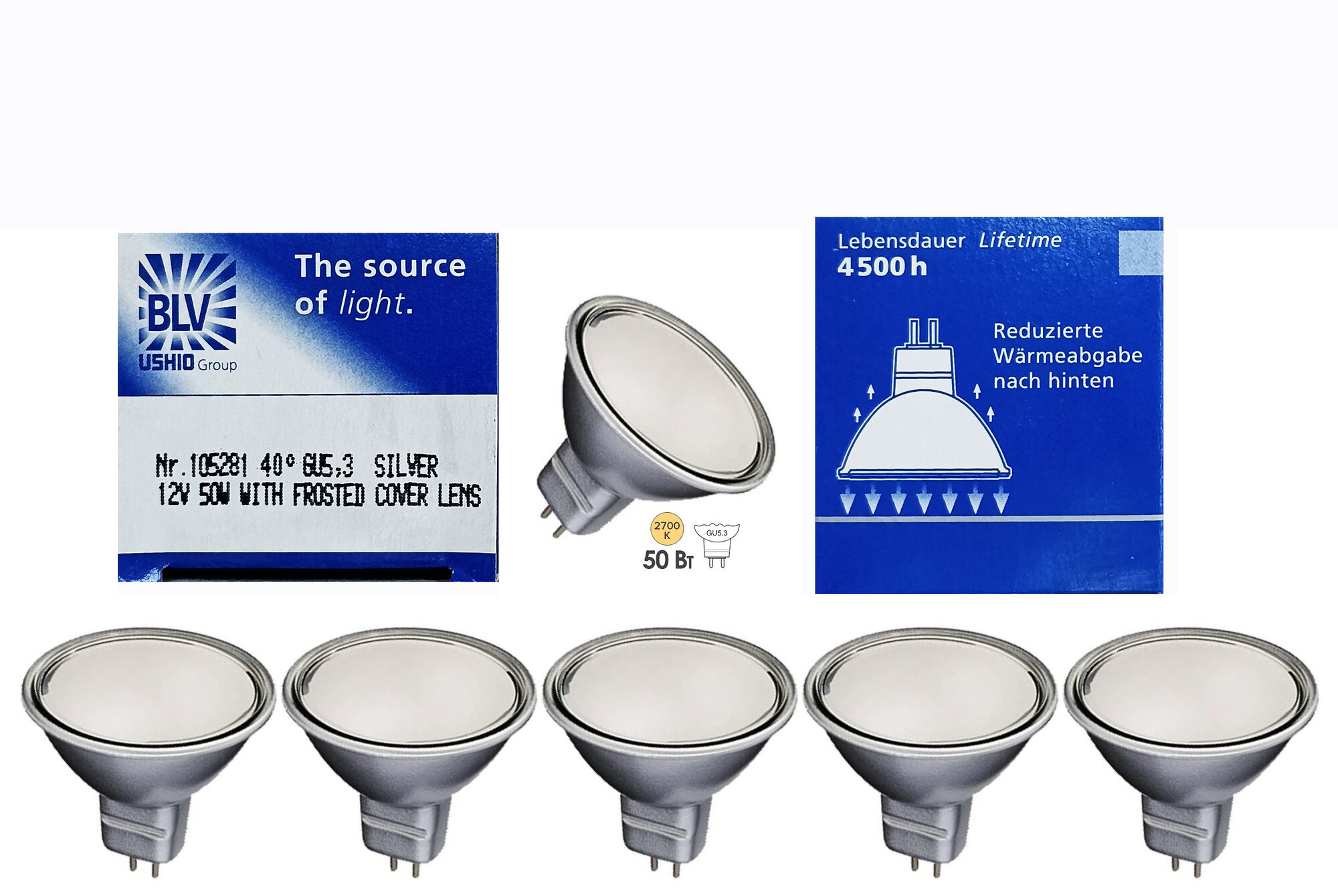 5шт/уп. Лампа Галогенная Софит 50Вт 12V GU5.3 MR16 D-51mm L-45mm Диммируемая Свет Теплый белый BLV, уп. 5шт