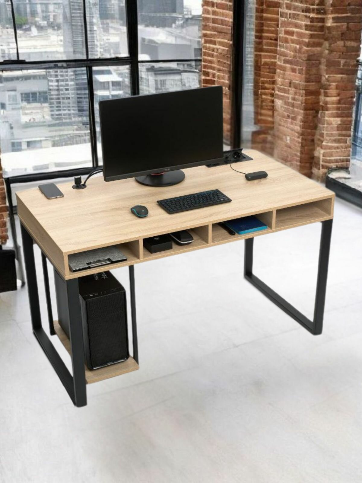 Стол компьютерный лофт со встроенной выдвижной розеткой USB-хабом и беспроводной зарядкой HomeExpert V1, дуб Бардолино, левый 1300х700х750(h)