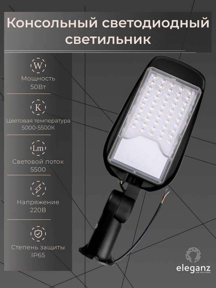 Уличный светодиодный прожектор консольный "Eleganz" 50W, 5500Лм, 5000-5500К, IP65, с регулируемым кронштейном, 1 шт.
