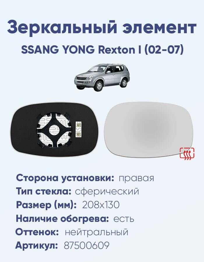 Зеркальный элемент правый SSANG YONG Rexton I (02-07) сфера нейтральный с обогревом