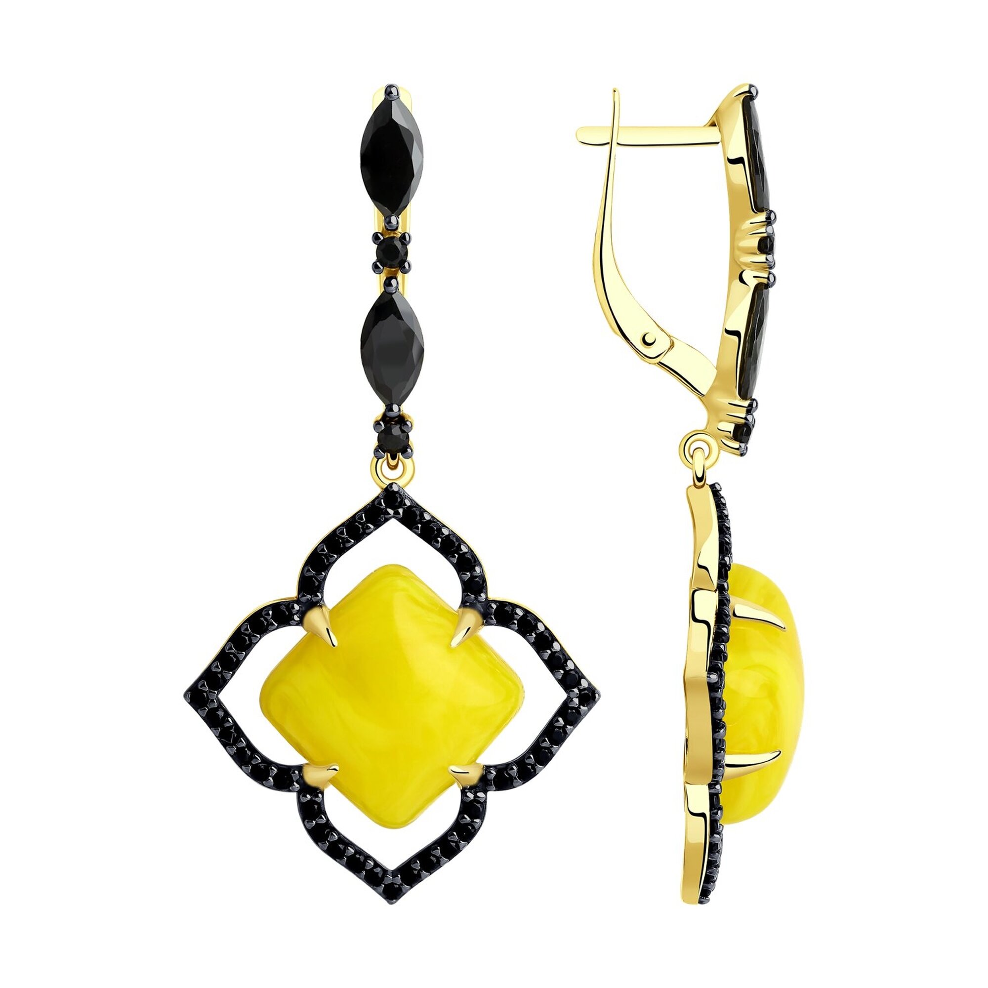 Серьги, серебро, 925 проба, золочение, фианит, янтарь