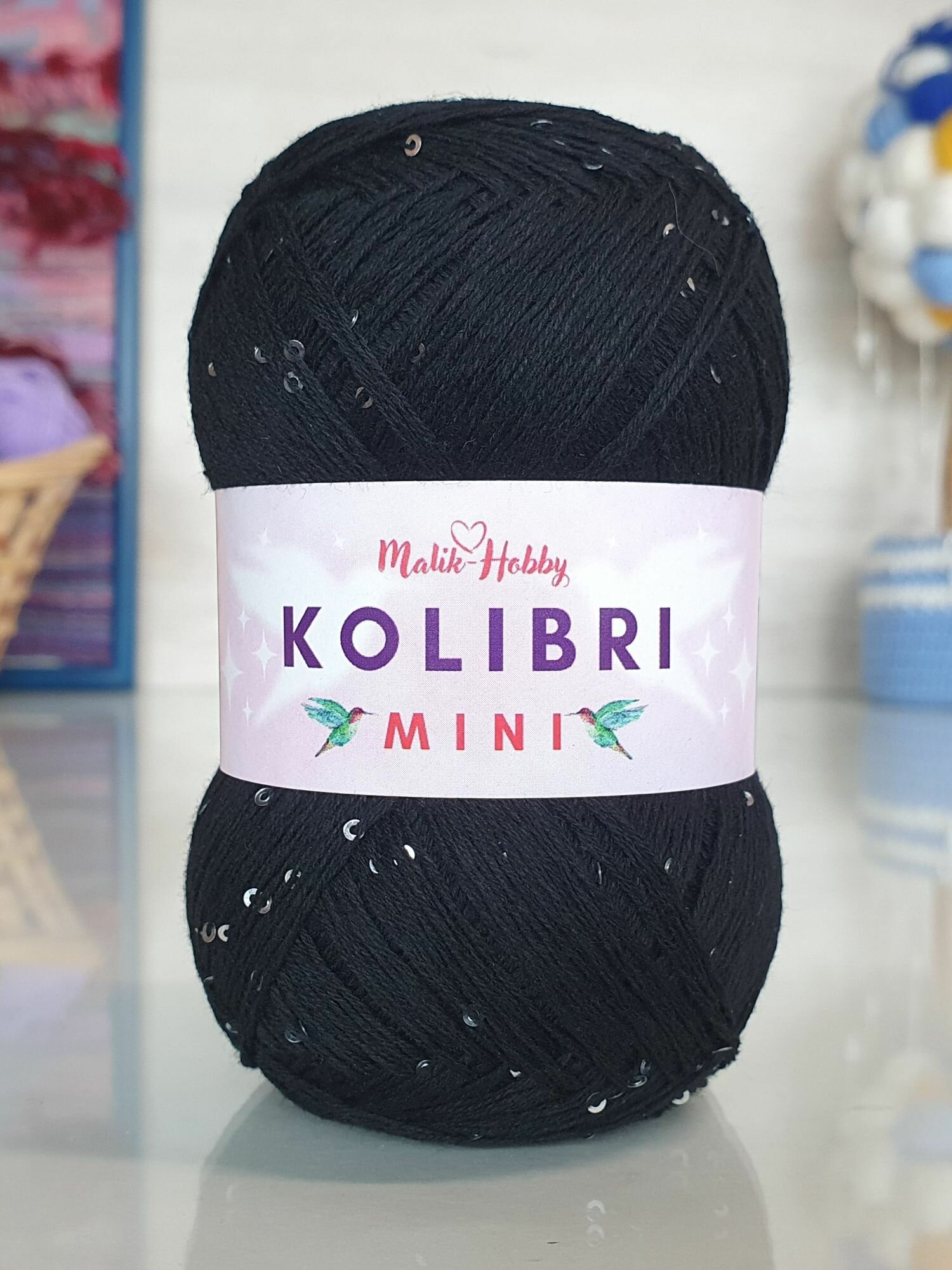 Пряжа MALIK HOBBY Колибри мини, черный с серебряными пайетками - 029, 95% хлопок, 5% пайетки, 2 мотка, 50 г, 425 м.