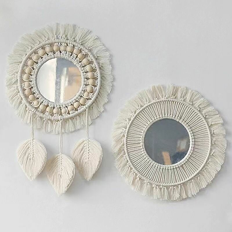 Украшение домашней стены -Плетеное круглое зеркало с бахромой в стиле бохо и листьями для- бежевый