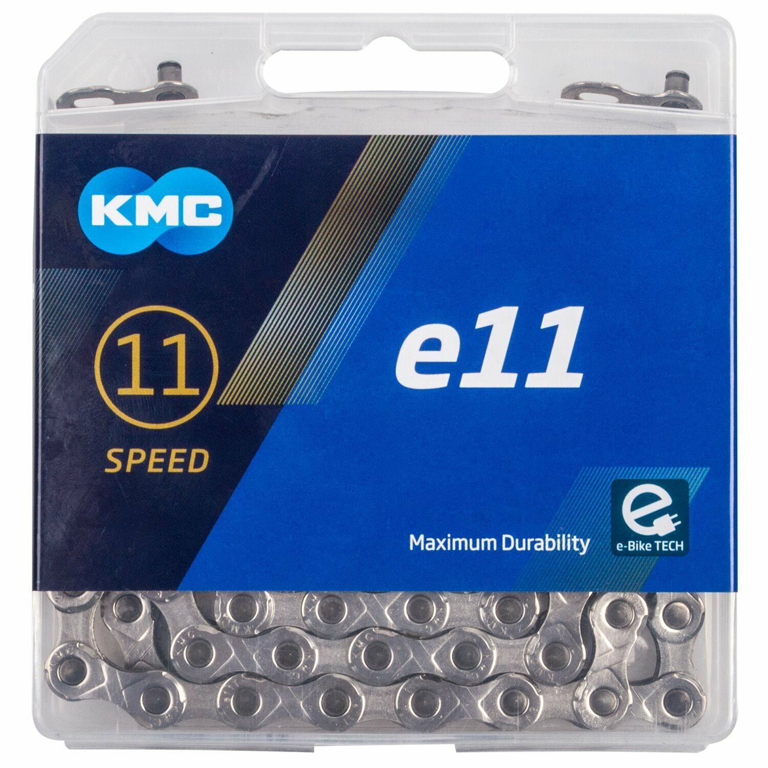 Цепь велосипедная KMC e11 Silver 11/128" 11 скоростей 122 звена, 5,5мм, с замком, специально для E-Bikes, серебристая