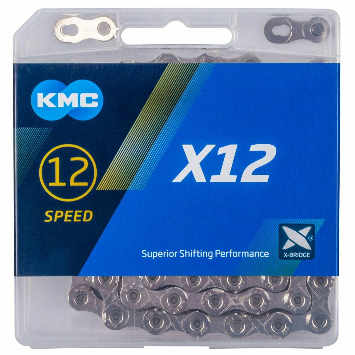Цепь велосипедная KMC X12 11/128" 12 скоростей 126 звеньев, с замком, X Bridge, серебристая