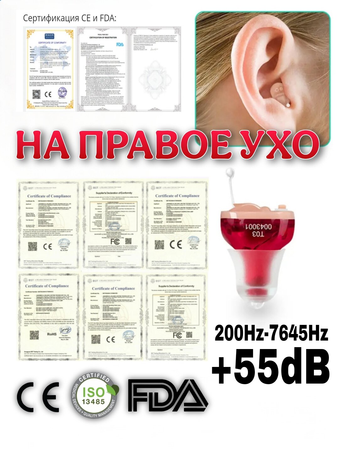 Слуховой аппарат на правое ухо на батарейках cic внутриканальный качественный