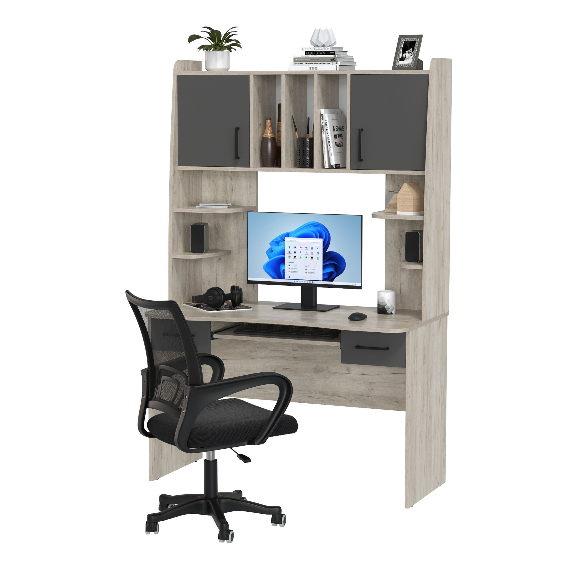 Компьютерный стол Бета с надстройкой и черным креслом, дуб крафт серый/графит, 120х60,5х183,5 см.