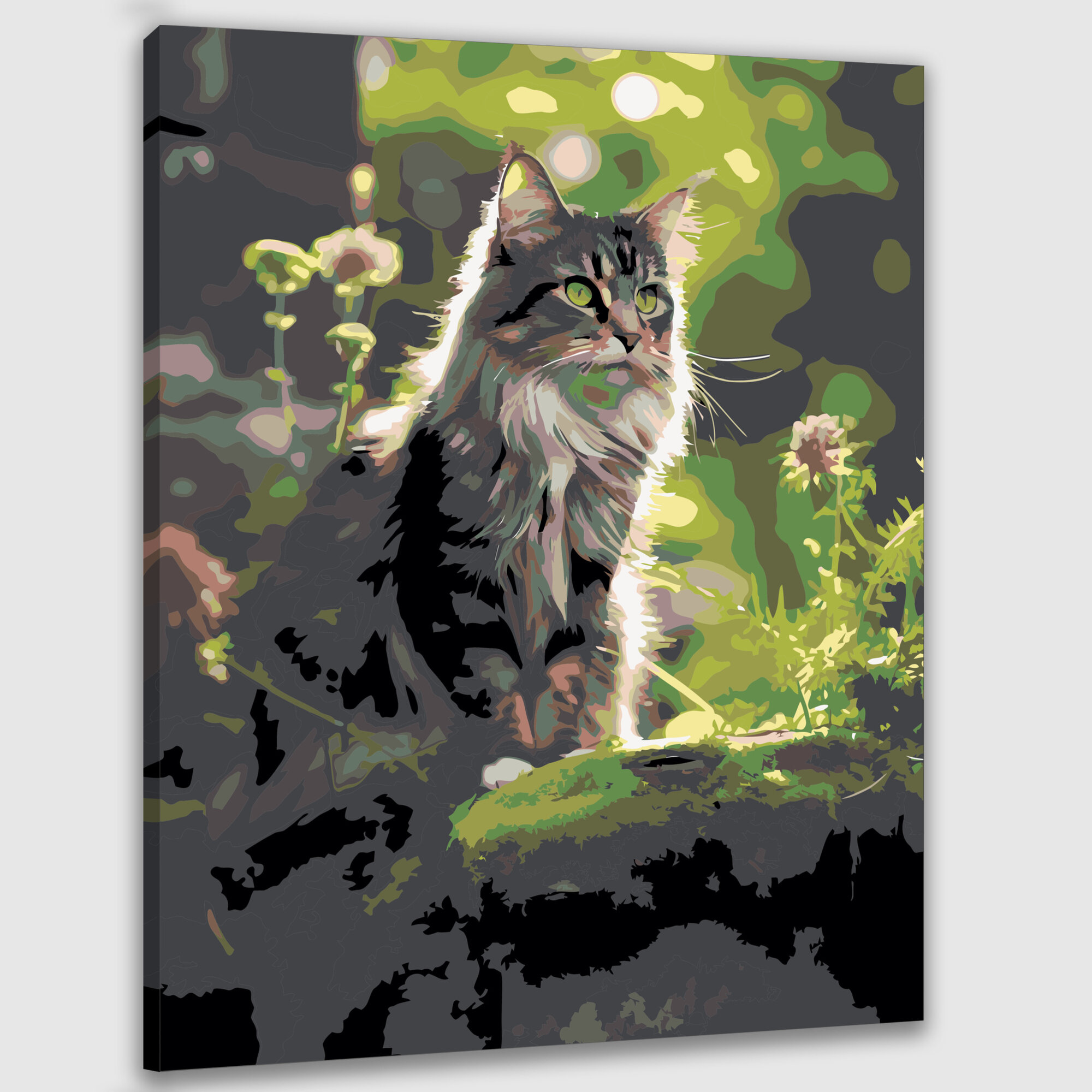 Картина по номерам 40x50 см, кошка, мейн-кун, мех, солнце, каменная стена, сад, глаза, тайна, мудрость, цветы, зелень