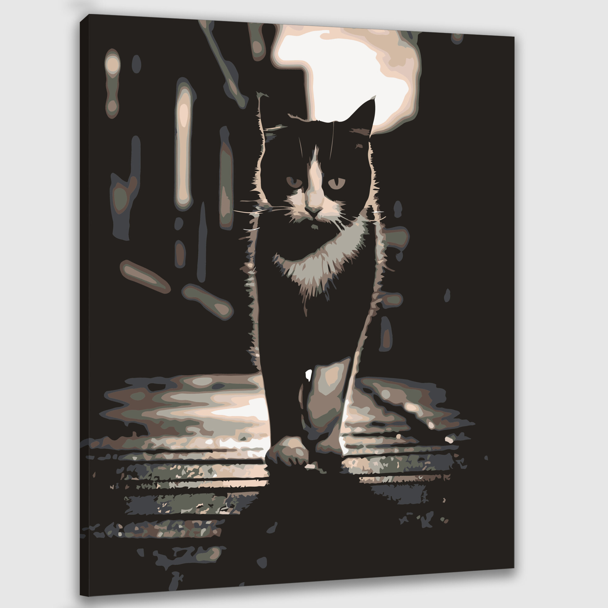 Картина по номерам 40x50 см, черно-белая фотография, енот, вечерняя прогулка, пригородный район, лапки, тротуар, дома