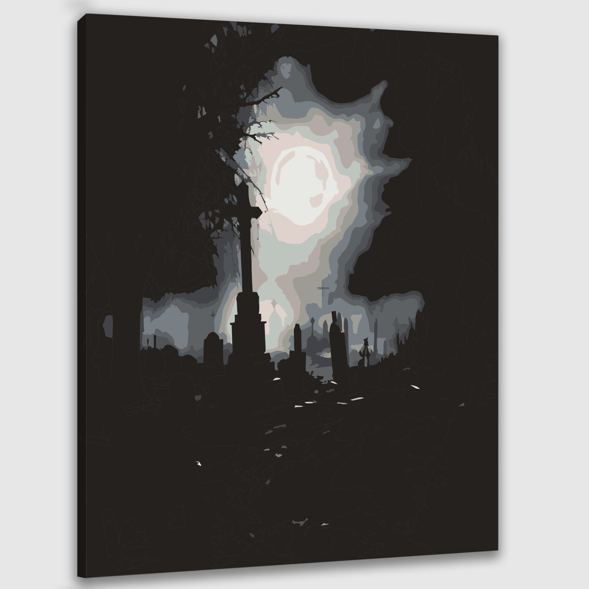 Картина по номерам 40x50 см, черно-белая фотография, кладбище, туман, лунная ночь, Хэллоуин, надгробия, призраки